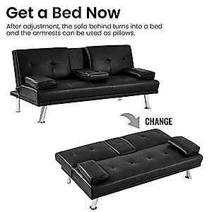 AWQM Faux Leather Futon Sofa Bed Upholstered Modern Convertible Sofa Bed Small Couch Bed Adjustable Couch Sleeper for Compact Living Space, Removable Armrests, Metal Legs, 2 Cupholders, Black