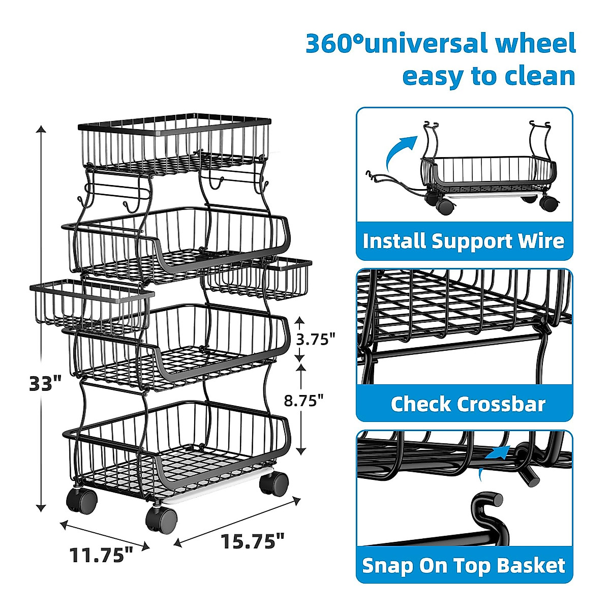 Simple Trending 4 Tier Rolling Cart, Stackable Fruit Vegetable Basket with Wheels and 2 Hanging Basket, Kitchen Storage Metal Wire Basket Stand for Vegetable Bread Snacks, Black