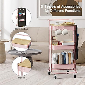 DTK 3 Tier Metal Utility Rolling Cart with Table Top and Side Bags, Metal Tray Storage Organizer Cart with Wheels, Art Craft Cart with 4 Hooks for Kitchen Bathroom Office Living Room (Pink)
