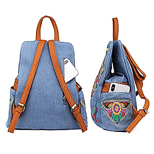 Jursccu Denim Embroidered Floral Canvas Backpacks for Women Anti theft Retro Jeans Travel Ethnic Style Shoulder Bag one-size