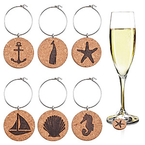 Aylifu 6 Pieces Cork Wine Glass Charms with Different Beach-Themed Patterns, Cork Wine Glass Markers and Tags for Distinguishing Glass