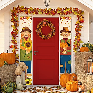 2 Pcs Thanksgiving Porch Sign Banner Fall Harvest Banner Autumn Scarecrow Maple Leaves Pumpkin Hanging Door Sign for Indoor Outdoor Home Party Decorations, 12 x 71 Inch