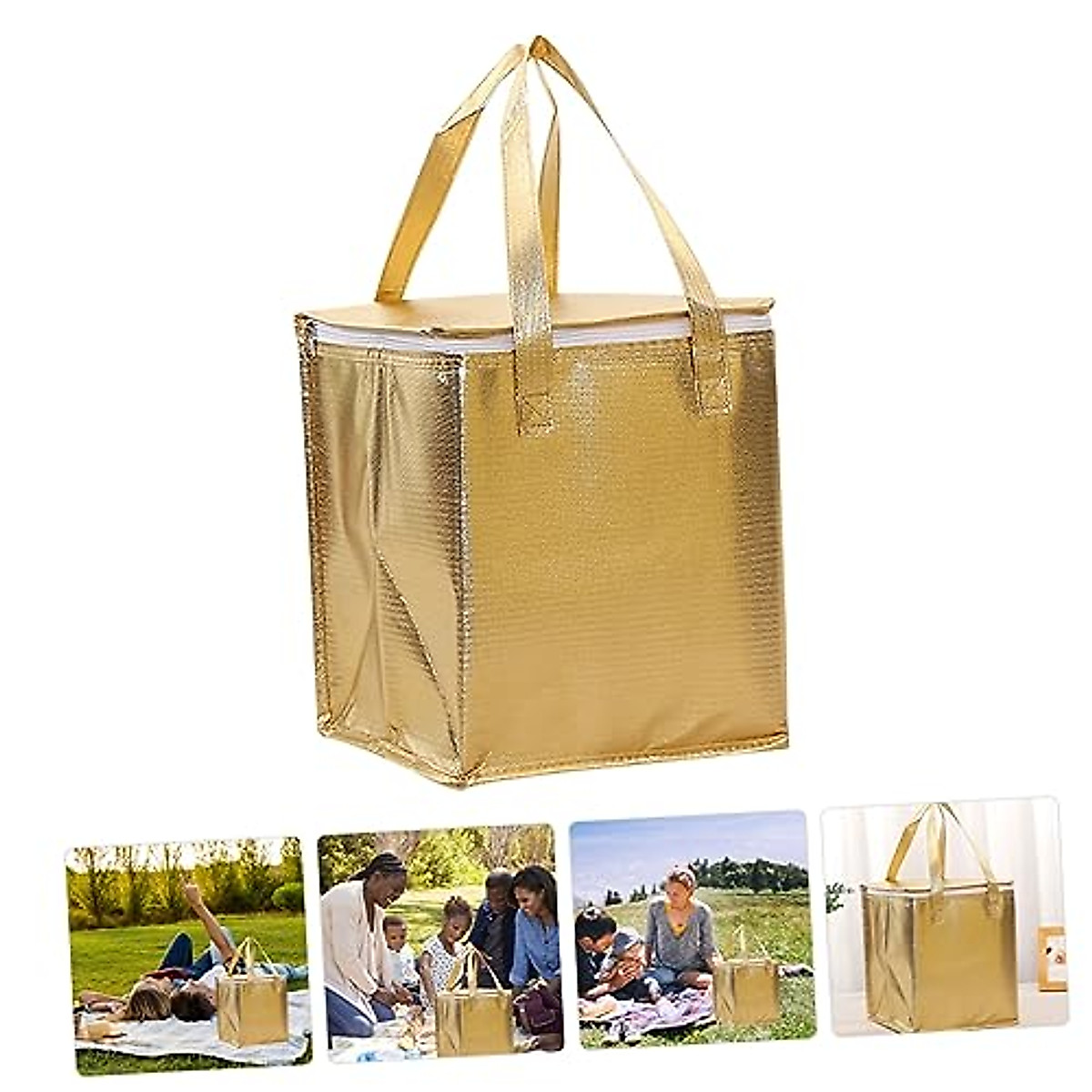 FONDOTIN Large Cooler Bag Insulated Lunch Cooler Bags Insulated Hot Bags Insulated Storage Bag Zipper Food Bag Food Warmer Bag Insulated Reusable Grocery Bags Golden Non-woven Fabric