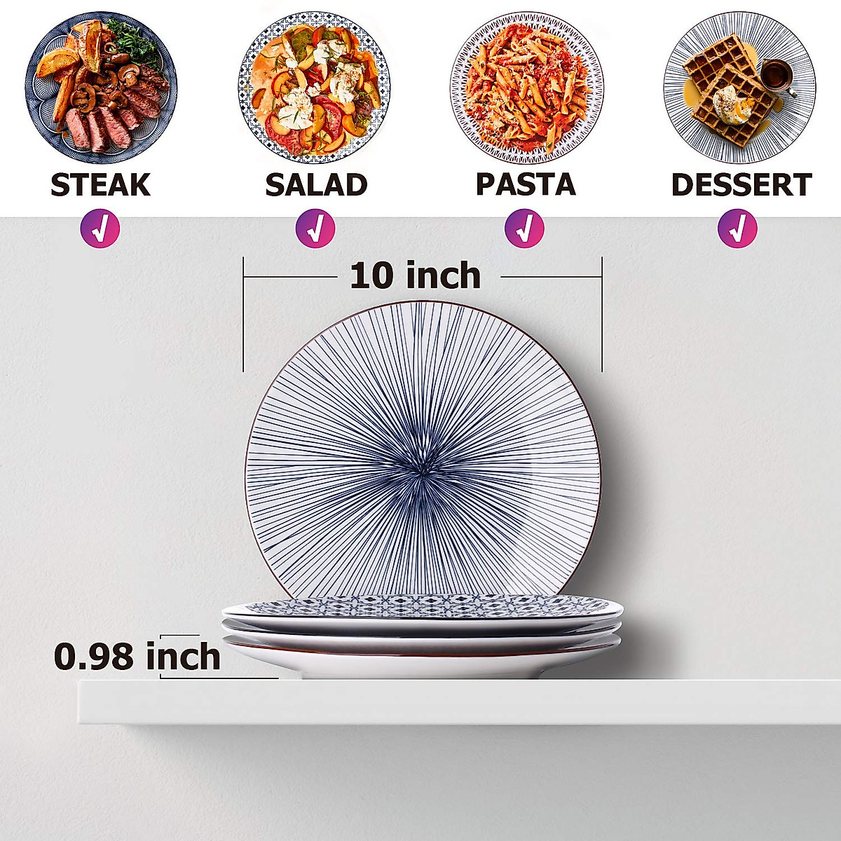 Y YHY 10“ Ceramic Plates, Porcelain Dinner Plates Set of 4 for Salad, Pasta, Appetizer, Dessert - 4 Pattern for Thanksgiving & Christmas, Dishwasher & Microwave Safe