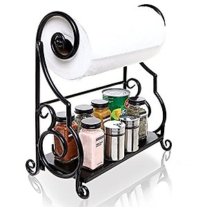 MyGift Black Metal Paper Towel Holder Stand and Condiment Shelf Rack with Decorative Scrollwork Design