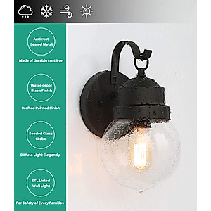 KSANA Outdoor Sconces Wall Lighting, Rust-Proof Exterior Light Fixtures Wall Mount with Bubble Glass, Globular Outdoor Light Fixtures for Porch, Yards, Patio, Garden, Balcony, Hallway, Black Finish