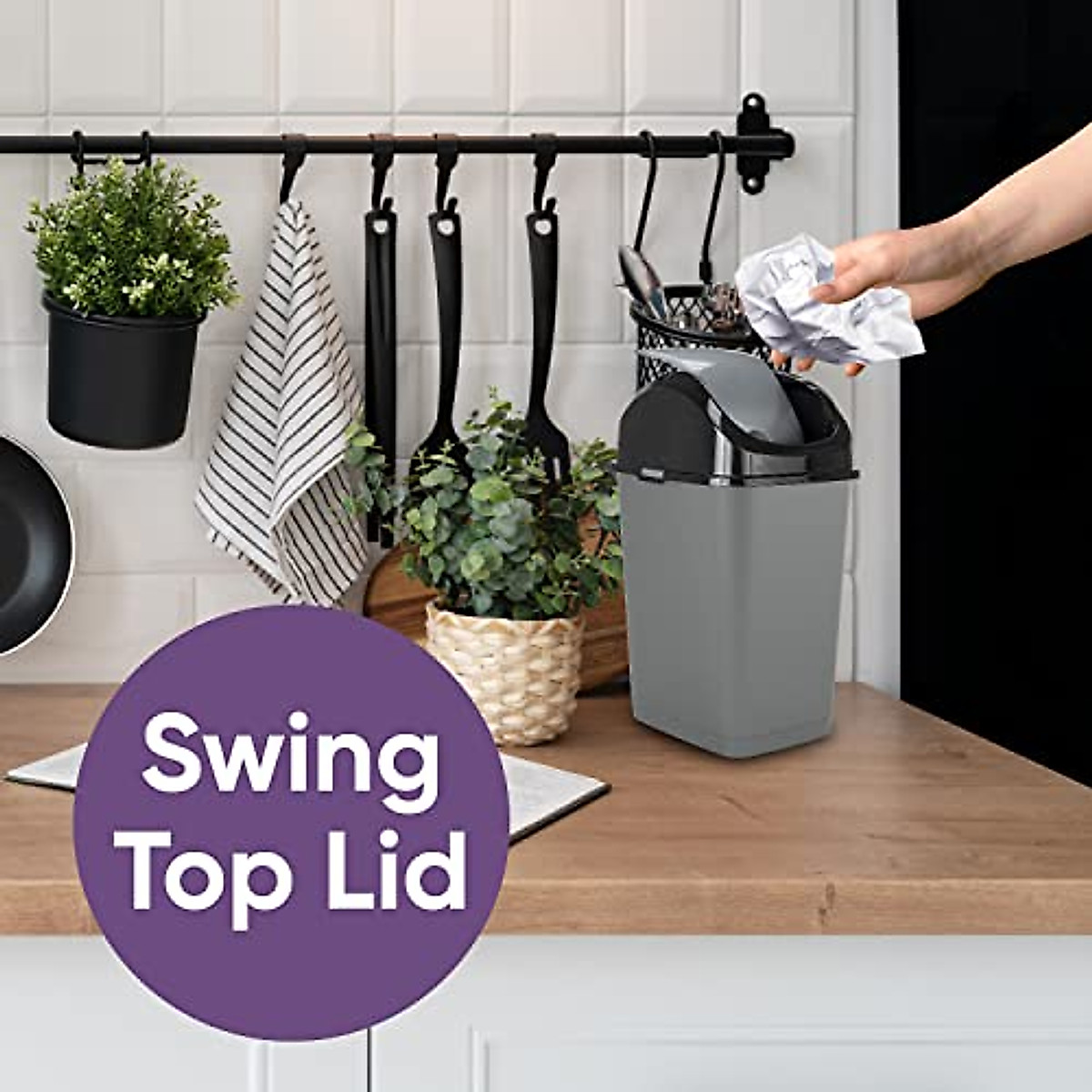 Superio Mini Plastic Trash Can with Swing Top Lid Grey/Black 1.25 Gal Small Waste Bin for Countertop, Desk, Vanity, Bathroom