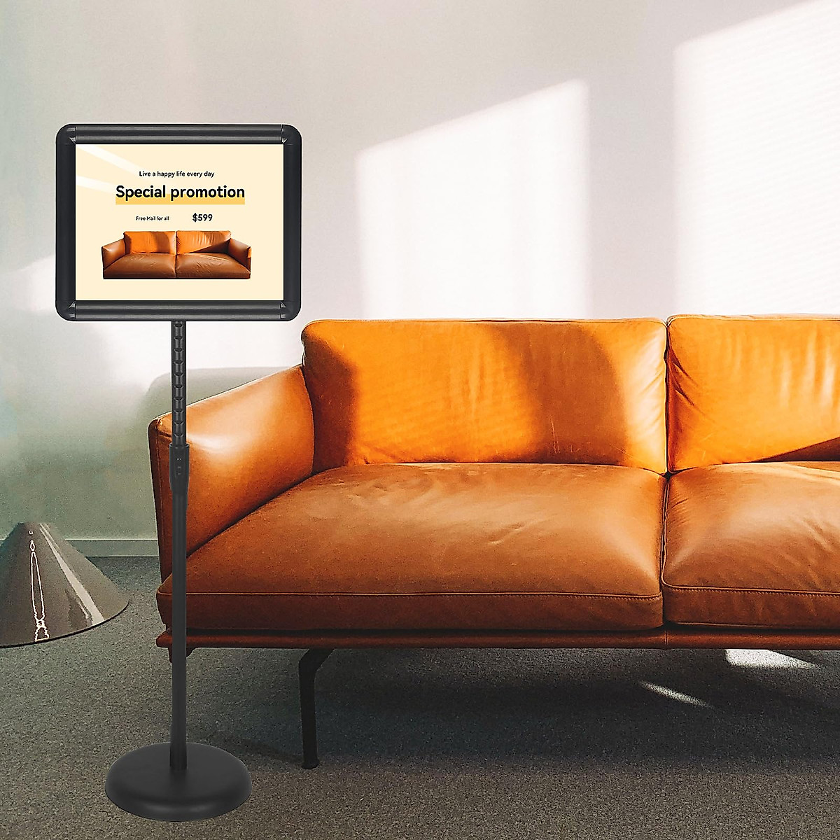 HUAZI Adjustable Sign Holder Standing Floor Sign Stand for 8.5x11 inches,Both Vertical & Horizontal View Displayed,Snap-Open Frame with Safety Corner for School Church Business Show,Black