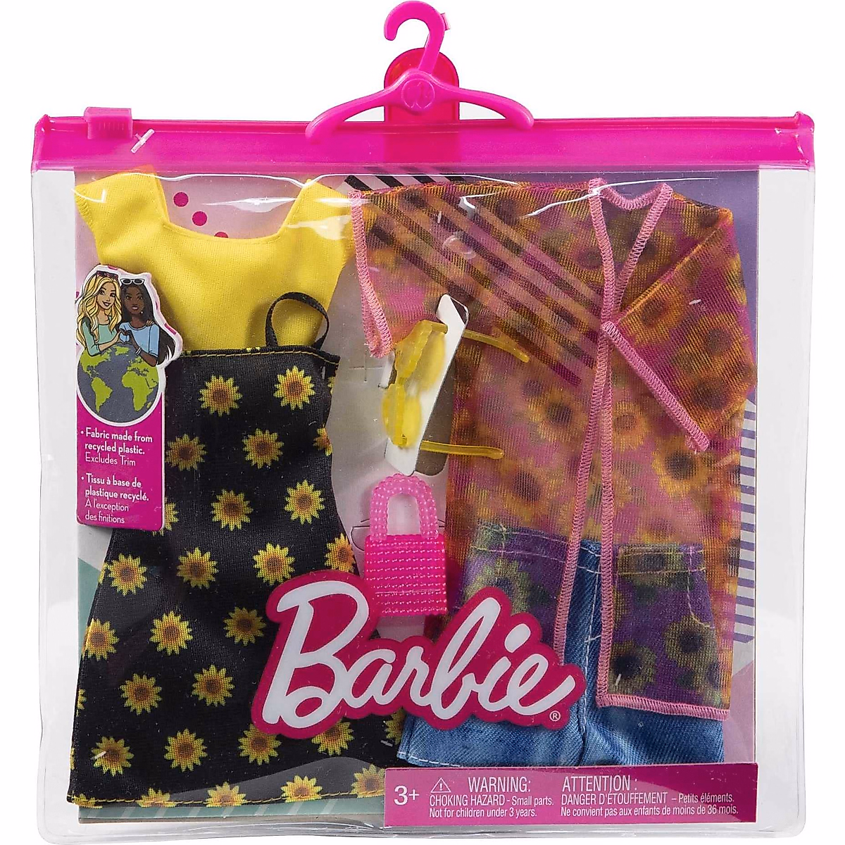 Barbie Fashions 2-Pack Clothing Set, 2 Outfits Doll Include Shirt, Shorts & Kimono, Sleeveless Sunflower Dress & 2 Accessories