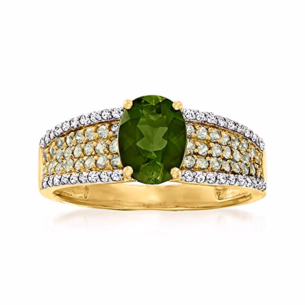 Ross-Simons 1.20 Carat Green Tourmaline.40 ct. t.w. Green Sapphire and .16 ct. t.w. Diamond Ring in 14kt Yellow Gold. Size 9