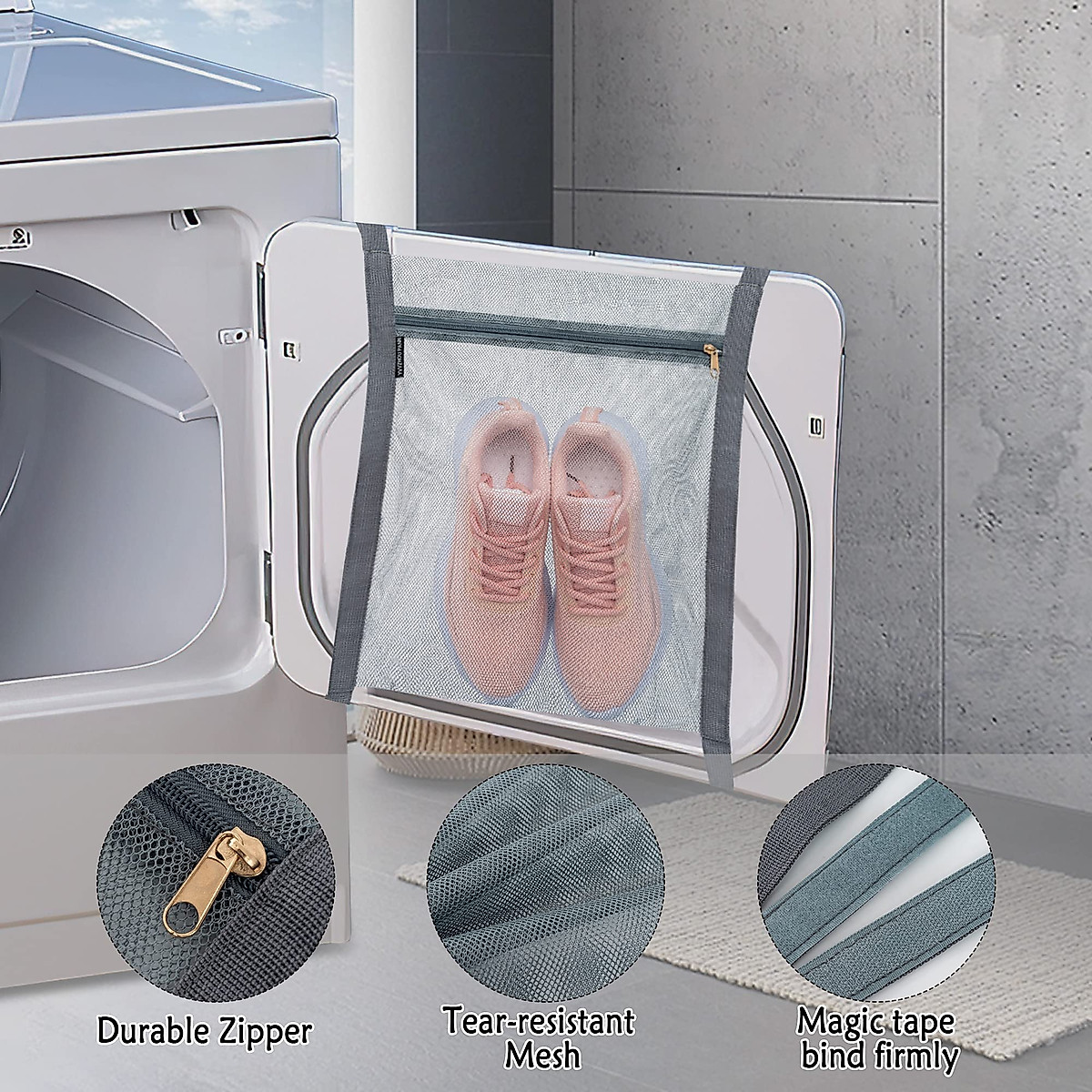 3 Pcs Shoe Drying Bag, Sneaker Bags for Dryer, Bag for Drying Shoes, Reusable Shoe Dryer Mesh Bags, Honeycomb Net Laundry Bags with Zipper & Strap for Washing Machine, Shoes, Clothing, 15.7x13.8 Inch