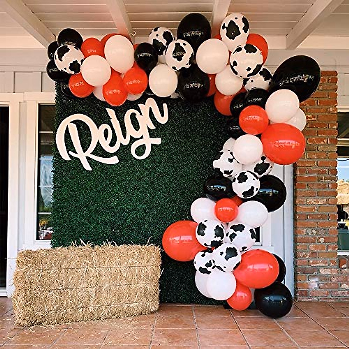 GIHOO 105pcs Balloon Garland Arch Kit, 12inch Cow Printed Balloons, White Black Red Yellow Balloons with 16ft Strip for Farm Birthday Party Cow Theme Party Kid’s Birthday Party Supplies