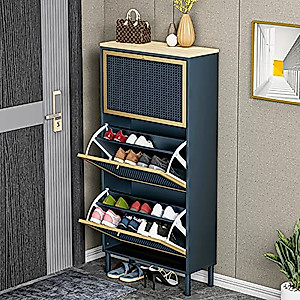 Sweiko Entryway Shoe Storage Cabinet with 3 Flip Drawers Metal Door Shoe Cabinet Organizer with Mesh Door Freestanding Shoe Rack Storage Cabinet with Wooden Top for Hallway Bedroom Mudroom Blue-Gray