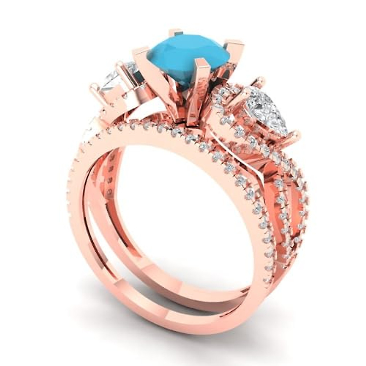 2.1 ct Round Pear Cut Custom Engraving 3 stone With Turquoise Designer Statement Classic Ring Band Set 18K Rose Gold Size 4