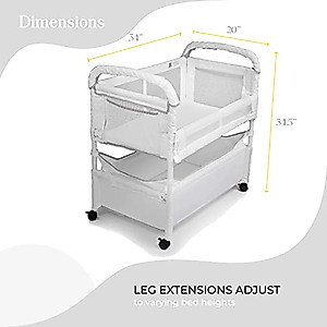 Arm’s Reach Clear-Vue Co-Sleeper Bedside Bassinet Featuring Clear Mesh Panels with Fold-Down Side, Large Attached Storage Basket, 4 Wheels, and Height-Adjustable Legs