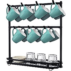 FANGSUN Large Coffee Mug Holder Stand Countertop, Mug Tree Rack for 14 Mugs, 2 Tier Counter Mug Display Storage, Metal Wire Tea Cup Holder for Coffee Station Kitchen Organizer, Not Included Mugs