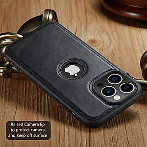 Casus Designed for iPhone 14 Pro Max Case Vegan Leather Slim Logo View Classic Luxury Elegant Thin Protective Cover (2022) 6.7" (Black)