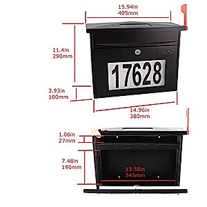Black Wall Mount Locking Mailbox - Solar House Numbers Light Large Capacity Illuminated at Night - Waterproof Iron Mental Address Numbers Mail Box Outdoor with Keys