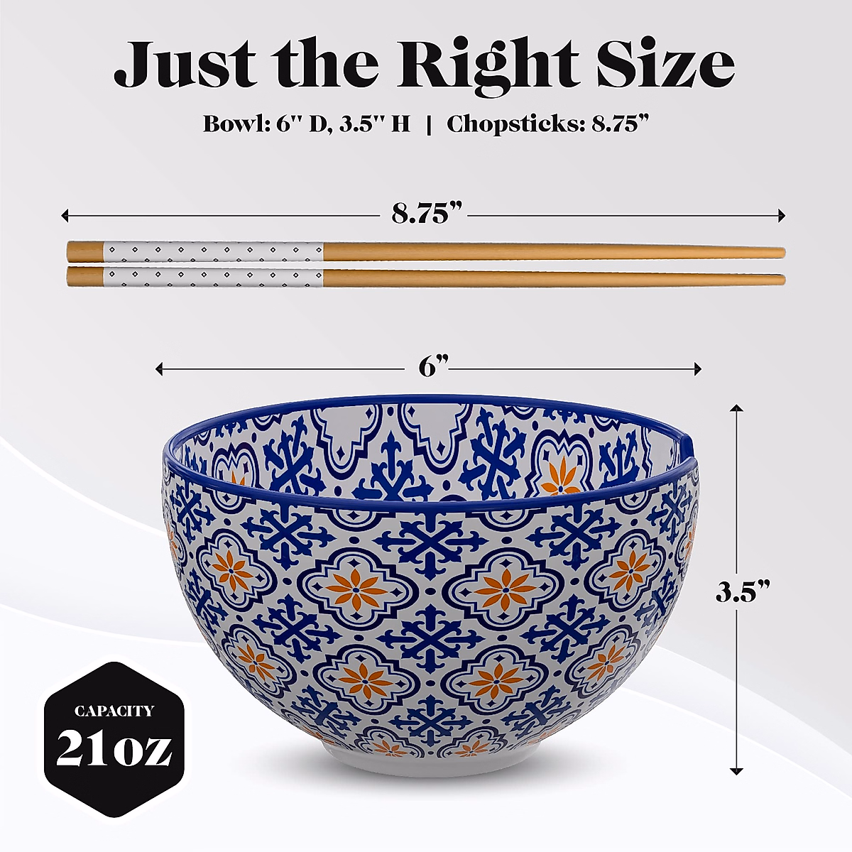 American Atelier Ramen Bowl with Chopsticks | Set of 2 | Soup Bowls for Kitchen | Udon Noodle Bowls with Chopsticks | Stoneware Soup Bowl | 6" Diameter (21 Oz) - Medallion Blue & Orange Design