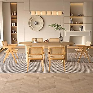 comfy to go Rattan Dining Chairs Set of 6, Wooden Armchair Cane Kitchen Chairs with Arms, Light Walnut Color