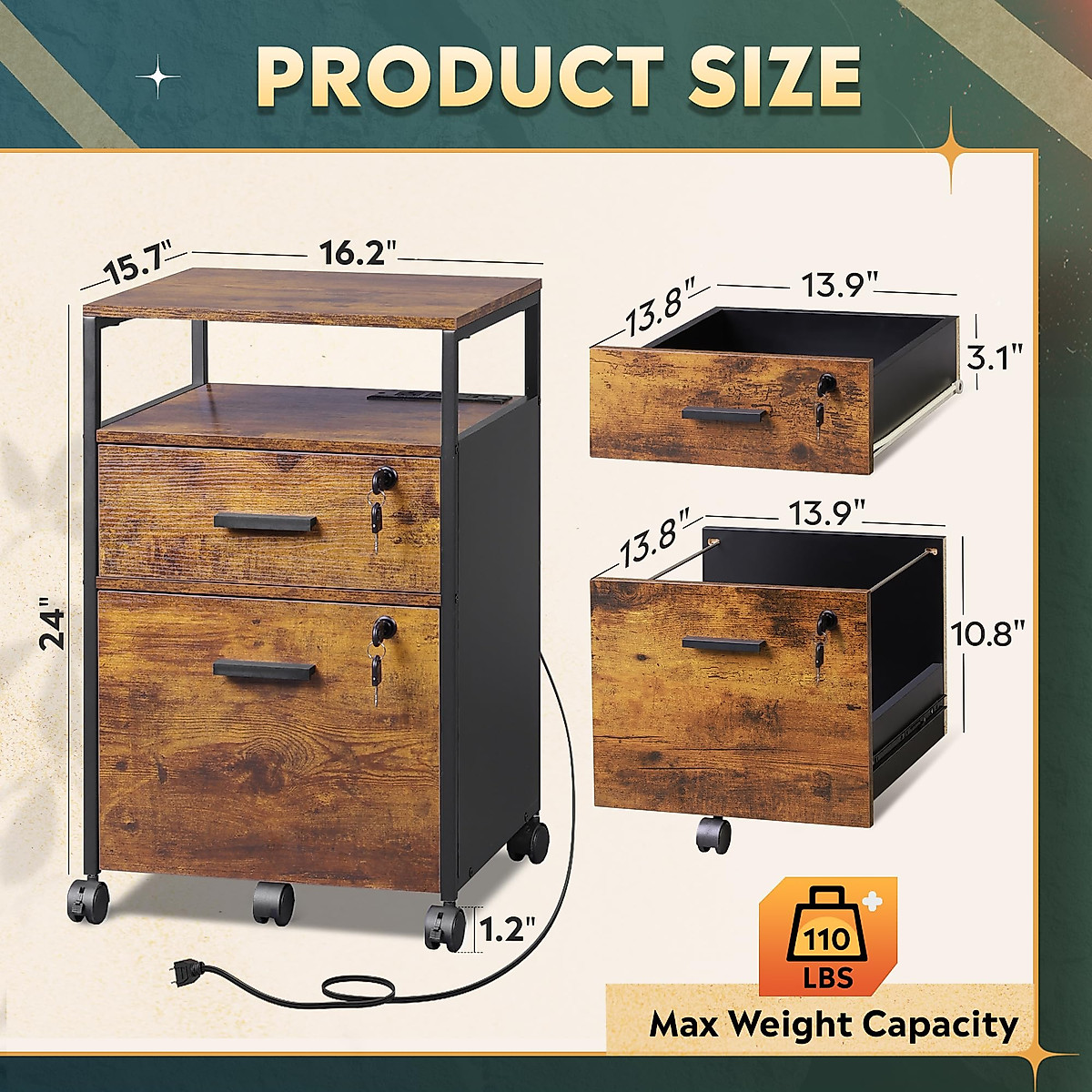 DEVAISE 2 Drawer File Cabinet, Mobile Printer Stand with Open Storage Shelf, Wood Filing Cabinet fits A4 or Letter Size for Home Office, Rustic Brown