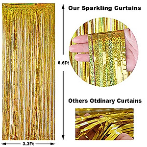 BEAYFILY 3 Pack Fringe Curtains Party Decorations,Tinsel Backdrop Curtains for Parties,Photo Booth Wedding Graduations Birthday Christmas Event Party Supplies (Golden)