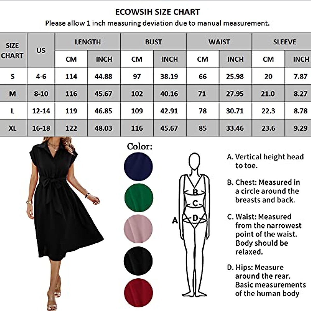 ECOWISH Womens Casual Midi Dresses Solid V Neck Short Sleeve Shirt Dress with Pockets for Spring Summer 2023 Green L