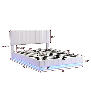Modern Queen Size Upholstered Bed with Hydraulic Storage System and LED Light, PU Leather Upholstered Platform Bed Frame with Adjustable Headboard and USB Ports, Strong Slatted Support (White-PW)