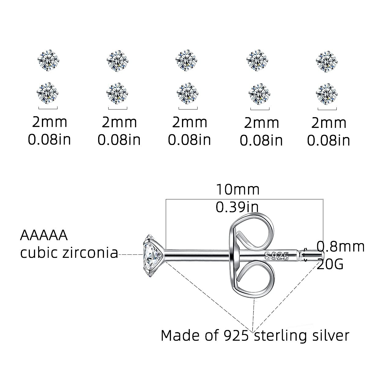 925 Sterling Silver Tiny 2mm Stud Earrings for Women: 5 Pairs Cartilage Helix Hypoallergenic Stud Earrings Clear Round CZ Stud Earrings Set for Women Multiple Piercing
