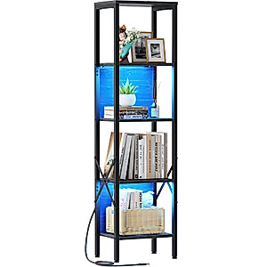 Furologee 5 Tier Book Shelf with LED Light, Tall Display Bookcase with Back, Narrow Industrial Standing Shelving Units, Metal and Wooden Storage Rack for Bedroom, Living Room, Office, Black Oak