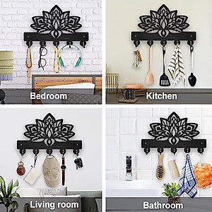 MAYJOYDIY Wood Lotus Flower Coat Hooks Hanger Mandala Lotus Key Holder for Wall 11.8×7.9inch Black Key Hooks Rack 5 Alloy Hooks Home Decor Gifts Entryway Kitchen Bathroom Storage Organizer