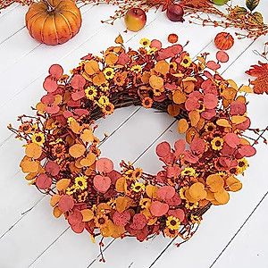 DIYFLORU Fall Wreaths for Front Door 22 inch Autumn Door Wreath Fall Eucalyptus Wreath with Daisy for Thanksgiving Harvest Festival Indoors Outside