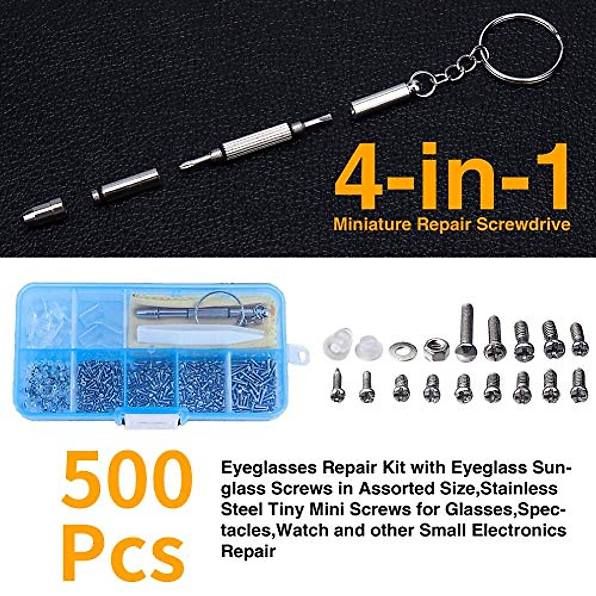 Eyeglass Repair Kit, OFONE Glasses Repair Kit with 500pcs Tiny Metal Screws Precision Screwdriver Set Tweezer and Nose Pads Fits Eyeglasses, Sunglasses, Spectacle and Watch Repair