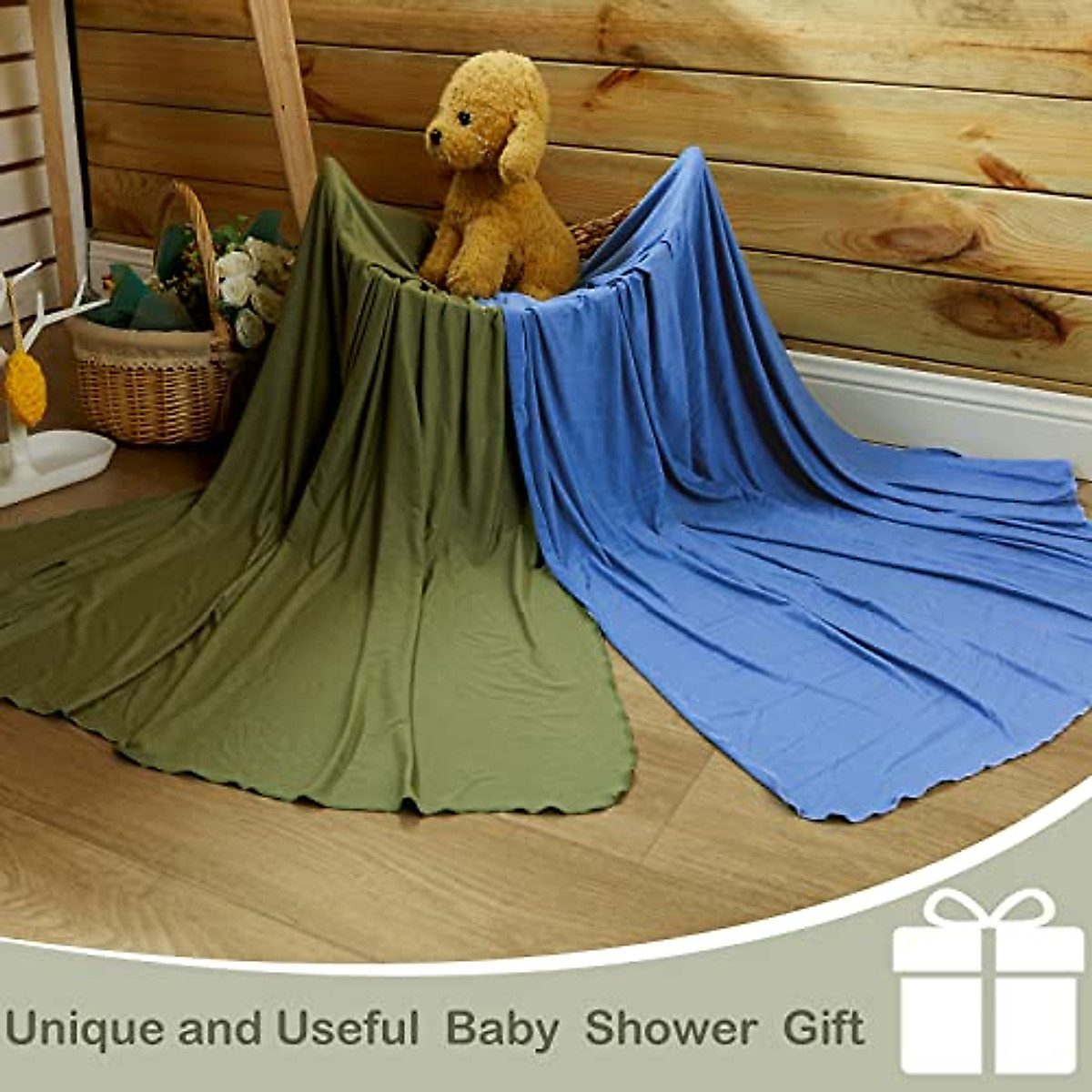 JaGely 2 Pack Baby Newborn Swaddle Blanket and Hat Set Large Stretchy Blankets with Soft Receiving for Boy Girl Essentials, Blue, Army Green, Hat: approx. 38 cm/ 15 inches in circumference