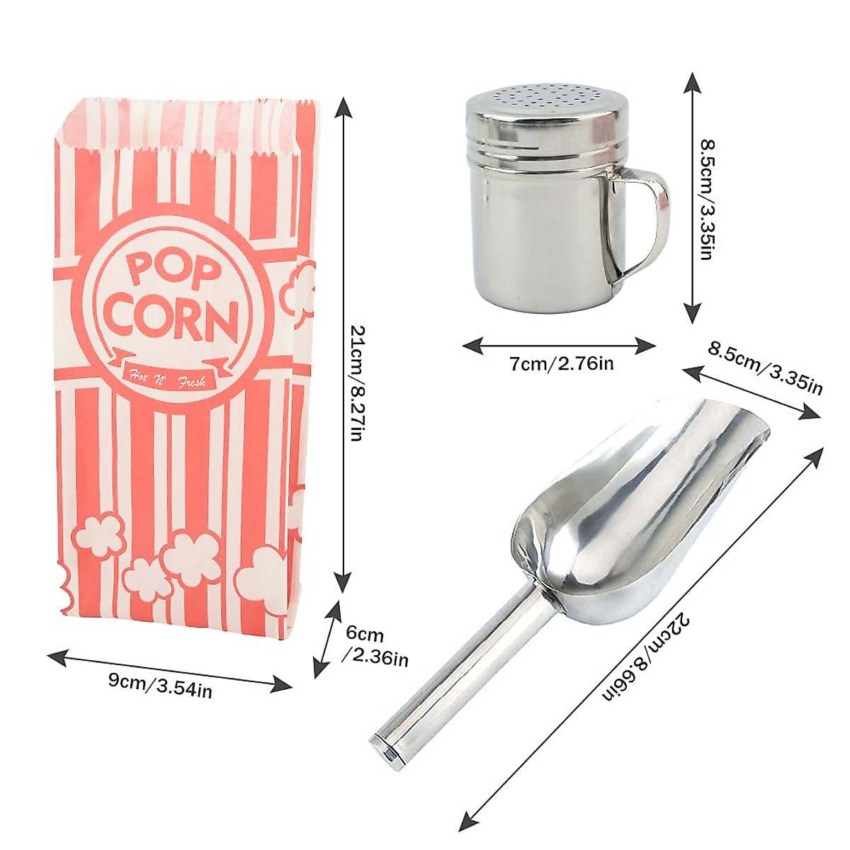 203 PCS Popcorn Machine Supplies Set, 200 PCS Popcorn Paper Bags with Popcorn Scoop, 2PCS Season Salt Shaker, Popcorn Supplies for Popcorn Machine