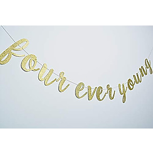 Four Ever Young Banner for 4th Birthday Party Decorations Supplies, Pre-Strung Cursive Bunting Photo Booth Props Sign(Gold)