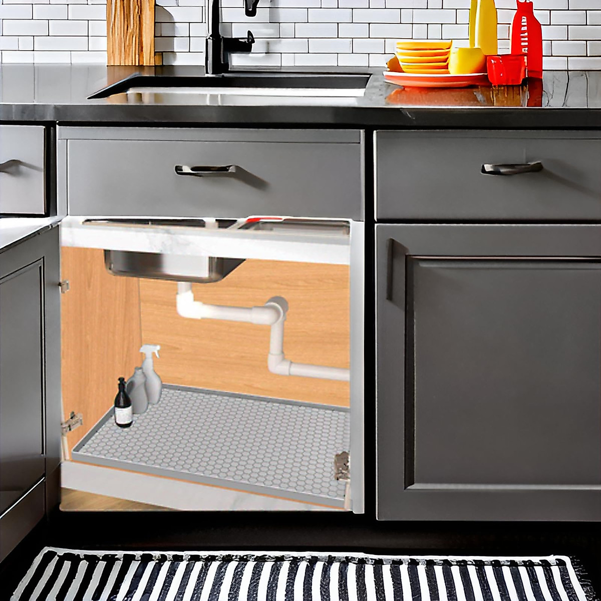 Jacooxi Under Sink Mat 28 x 19 for Kitchen Waterproof, Silicone Under Sink Liner, Bathroom Kitchen Cabinet Protector Mat, Easy to Clean Cabinet Mat Organizers and Storage, Light Grey