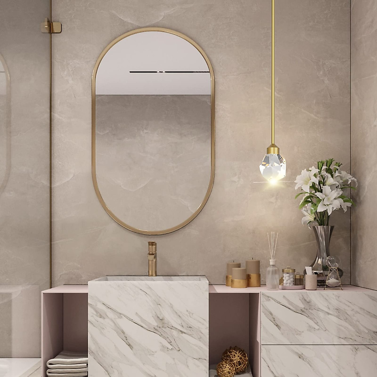 Crystal Pendant Light Gold Finish 1-Light Modern Crystal Pendant Light Brushed Brass Mini Hanging Pendant Light Dimmable Integrated LED Pendant Light Fixture with Crystal Glass Single Pendant Light