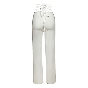 Bravetoshop Women's Regular Fit Straight Leg Pants Crisscross High Waist Casual Trousers Y2K Fashion Streetwear (White,S)