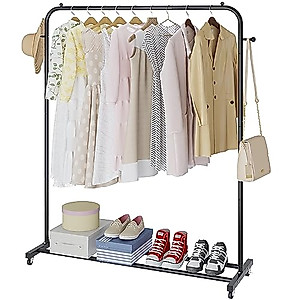 Boeeoan Garment Rack, Freestanding Simple Single Pole Clothes Rack With Wheels, Coat Rack, Multi-functional Rolling Clothing Storage Rack With 2 Hooks for Bedroom, Laundry Room, Living-room, Black
