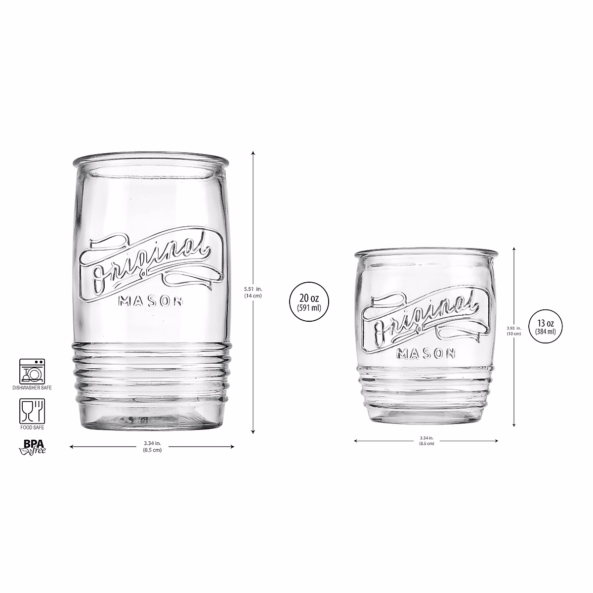 Glaver's Original Mason Set of 8 Drinking Glasses 4-20 Oz Highball Glasses, and 4-13 Oz Whiskey Glass Cups For Everyday Home Use Water, Beer, Juice, Cocktail.