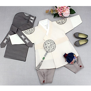 Korean Hanbok Boy Baby Traditional Kings Design Clothing Set Beige 100th days to 8 ages ddb003 (100th days hanbok)