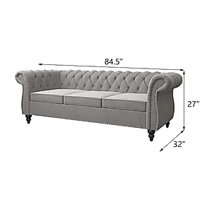 3 Piece Living Room Set, Velvet Chesterfield Sofa Loveseat Couch Chair with Scroll Arms and Nailhead for Living Room, Office (Grey)