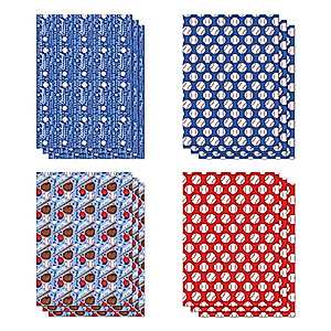 FIEHALA Flat Wrapping Paper Sheets - 12 Sheets with 4 Baseball Patterns - Pre cut & Folded Flat Design (20 inch × 27.5 inch per sheet)