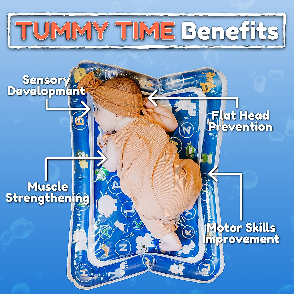 SplashEZ Water Mat for Babies – Inflatable Tummy Time Water Play Activity Mat with Animals & Letters Stimulates Brain Development – BPA-Free, Sensory Baby Boy & Girl Mats, 26x20x2.5 in.