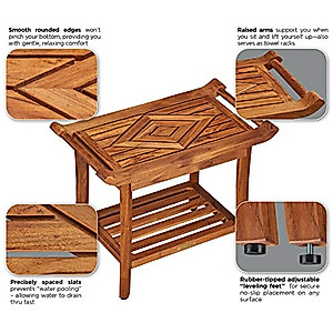 Luxury Teak Shower Bench Stool Seat Chair with Leveling Feet, Waterproof, Teak Oil Finish, Large, 25x19x14, for Bathroom, Spa, Sauna, Pool Deck, Patio, Garden, RV, from Our Diamond Collection