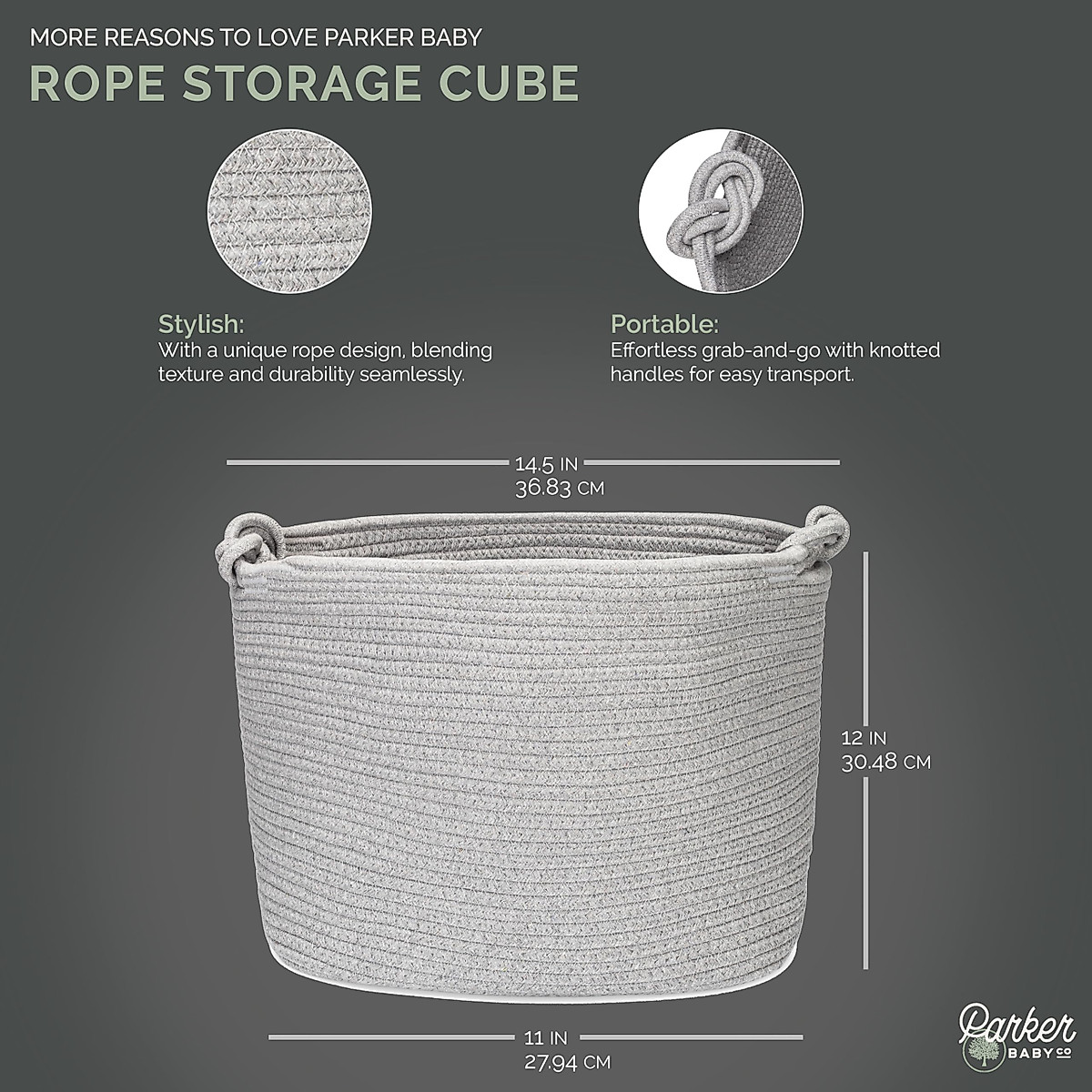 Parker Baby Rope Storage Cube Bin - 11 Inch Nursery Cubby Storage Bin Cubes for Cube Organizer, Closet Organizers and Storage Toy Bin, Rope Baskets Bins for Toys Storage - Gray