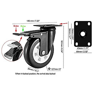 Heavy Duty Plate Caster Wheels 5" PU No Noise,Premium Polyurethane Double Ball Bearing Steels,Easily Lock or Unlock -440 Lbs Per Casters (Pack of 4, 2 Swivel Dual Locking & 2 Swivel) Black Wheel