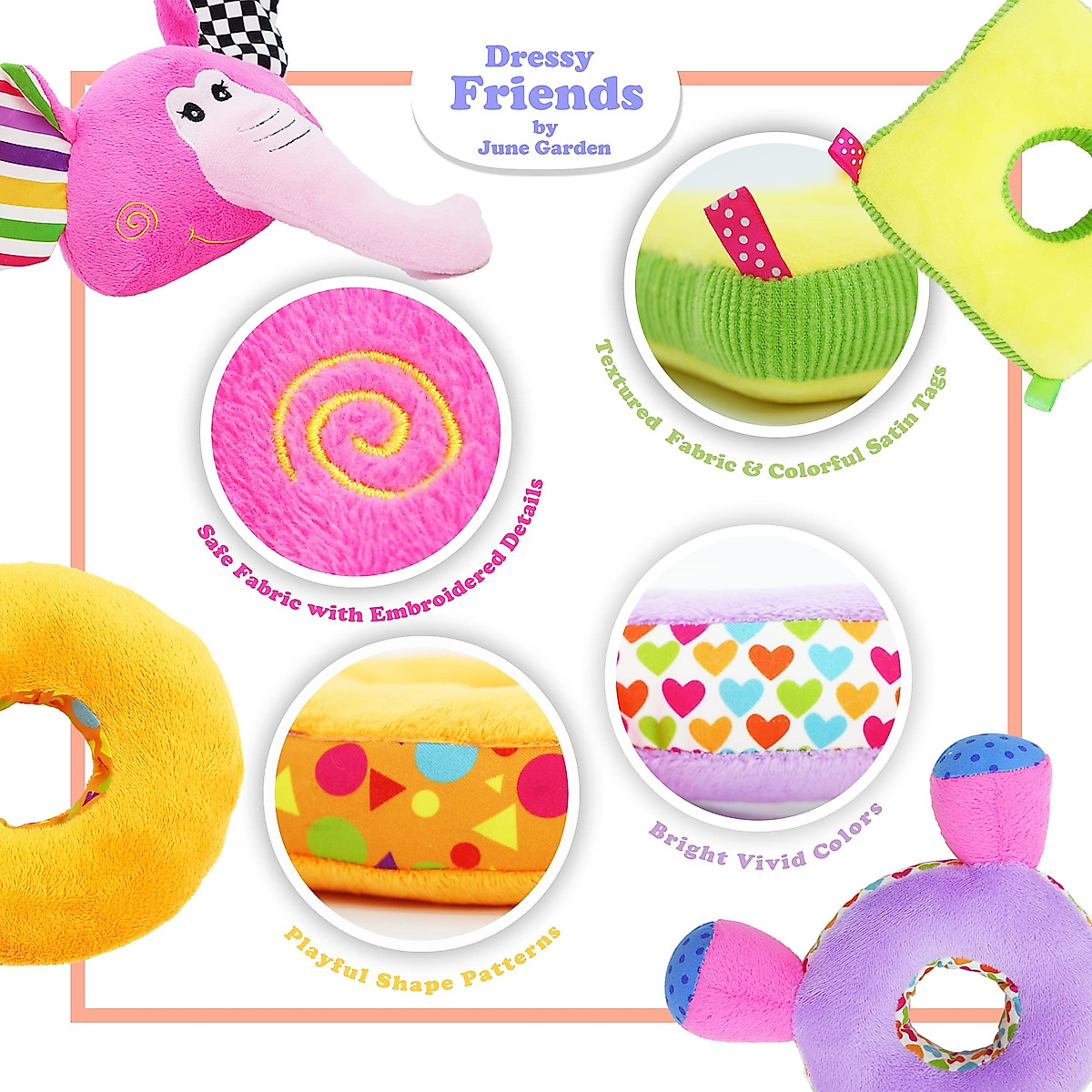 June Garden 11" Soft Stacking Rings Toy - Educational Stuffed Plush Elephant Sensory Development Rattles - Montessori Activity Sensory Learning Toy - 6 Months and Up