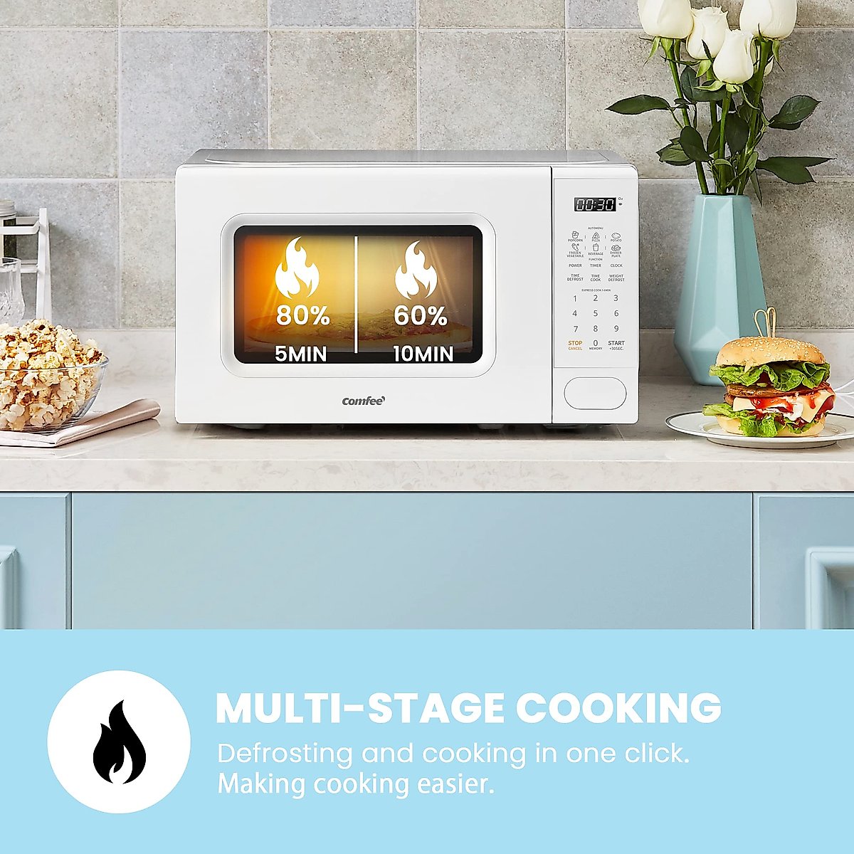 COMFEE CMO-C20M1WH Retro Microwave with 11 power levels, Fast Multi-stage Cooking, Turntable Reset Function Kitchen Timer, Speedy Cooking， Weight/Time Defrost, Memory function, Children Lock, 700W